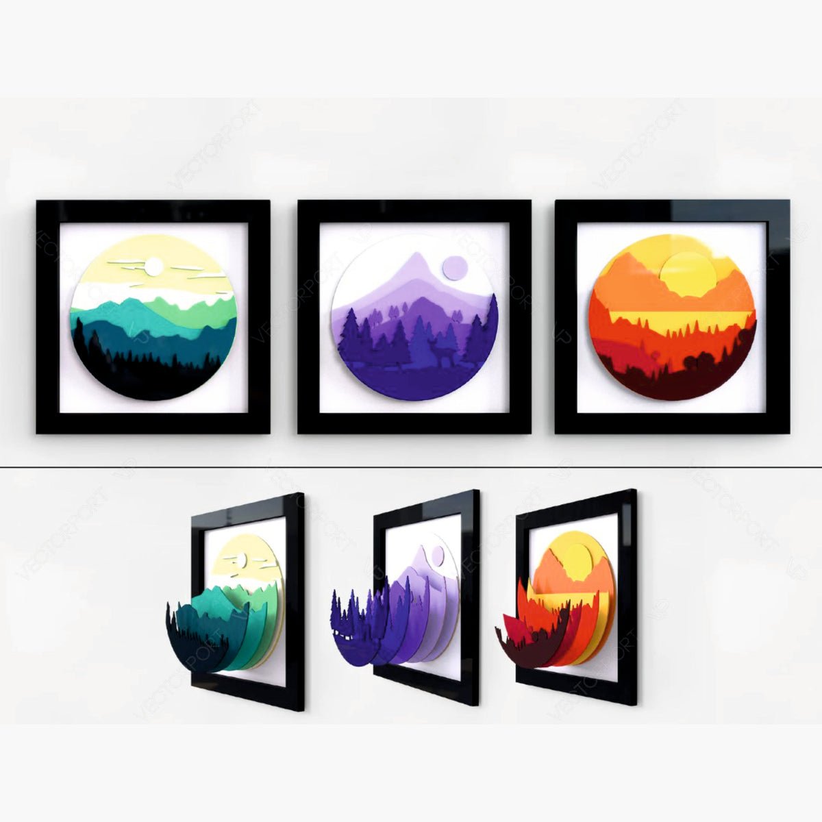 Sun Set - Horizon Shades of Mountain - Photo Frame Set (Set of 3 Photo ...